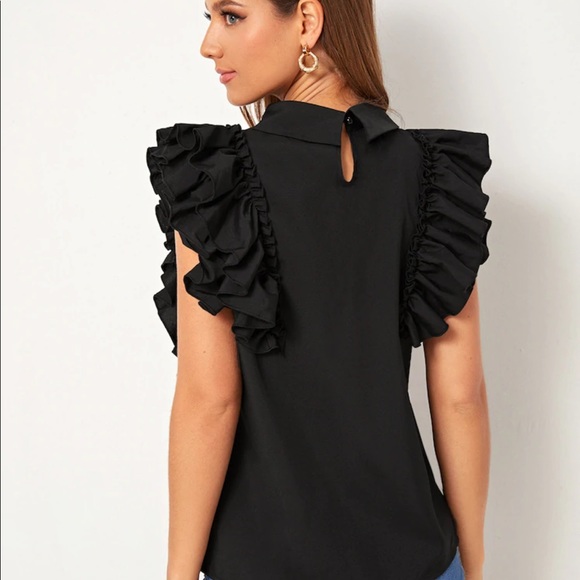 Tops | Black Ruffled Button Up Top | Poshmark